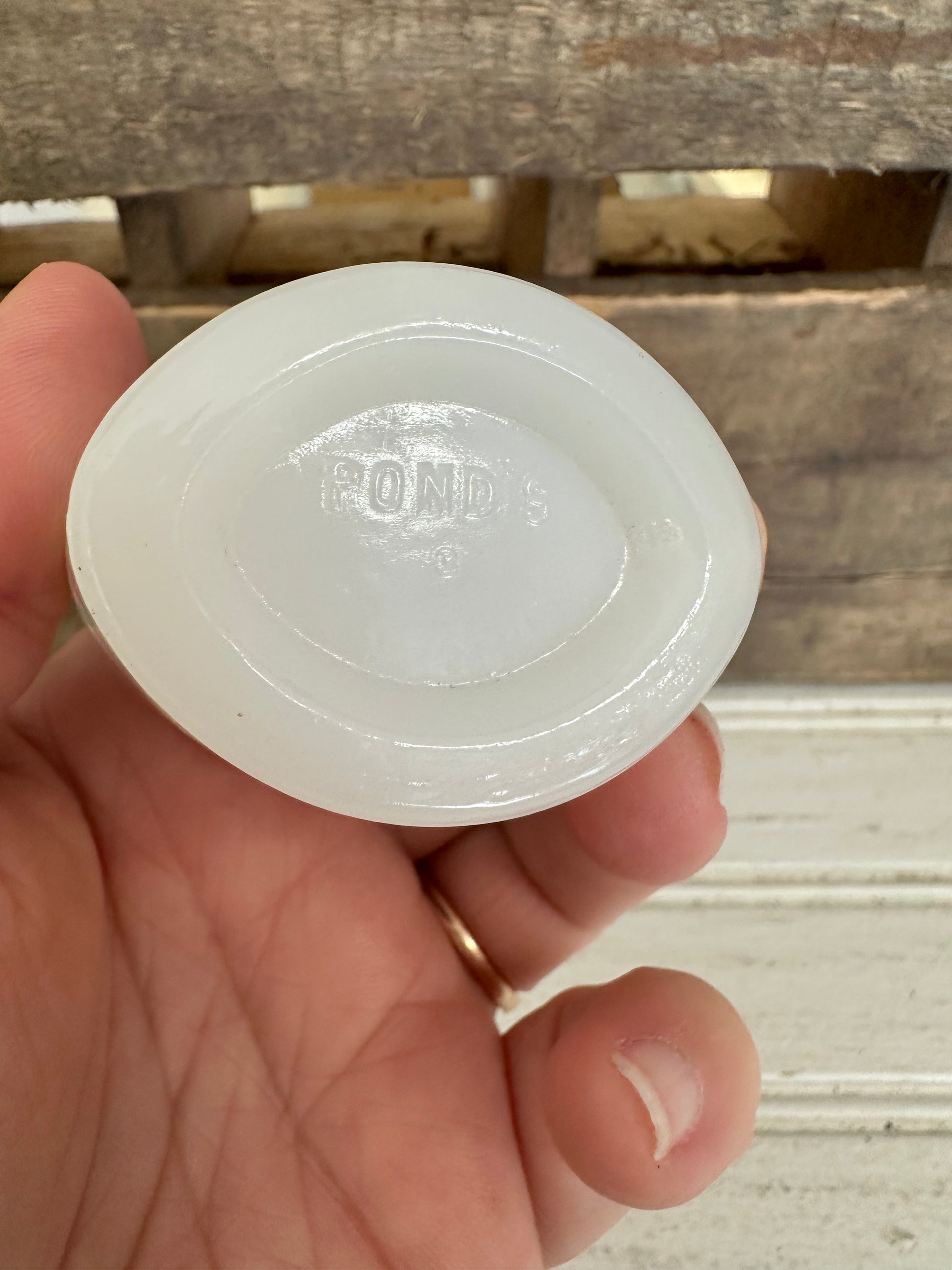 Pond’s Milk Glass container – The Pelican Girls